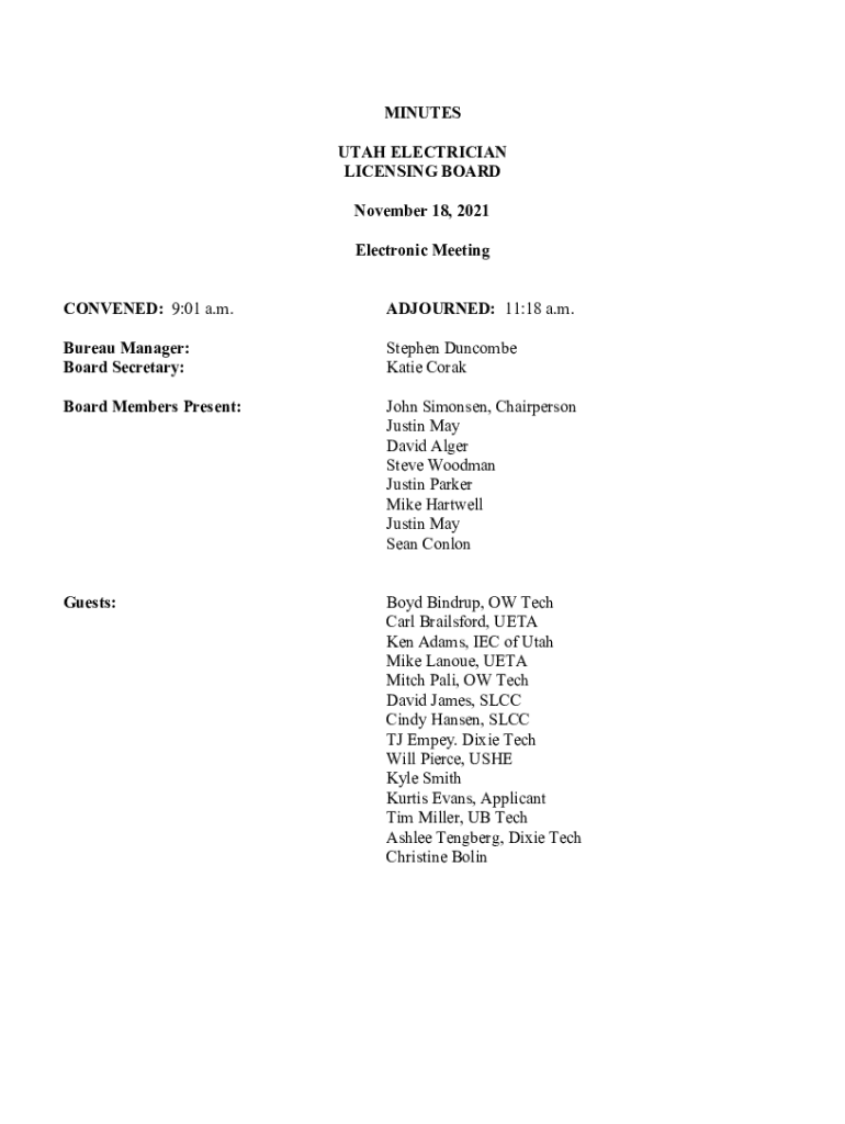 Fillable Online www.utah.govpmnfilesMINUTES UTAH ELECTRICIAN LICENSING ...