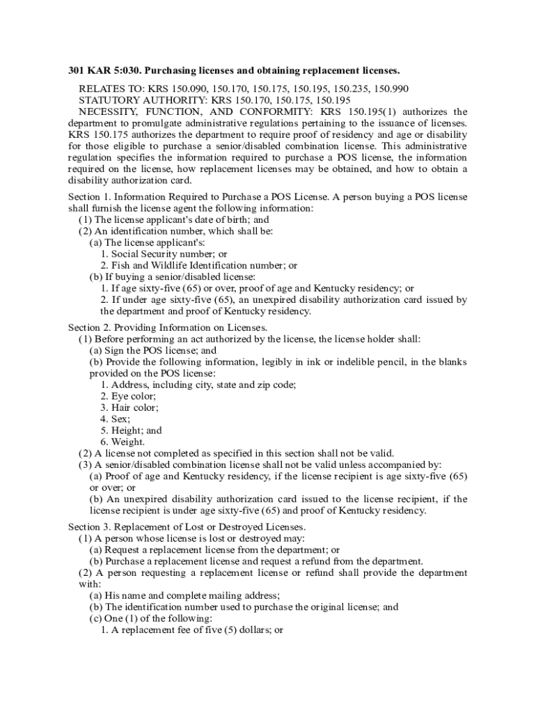 Fillable Online 301 KAR 5:030. Purchasing licenses and obtaining replacement ... Fax Email Print ...