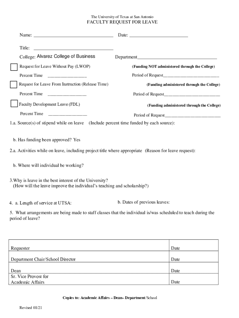 Fillable Online provost.utsa.eduFaculty-Request-for-LeaveRequest for ...