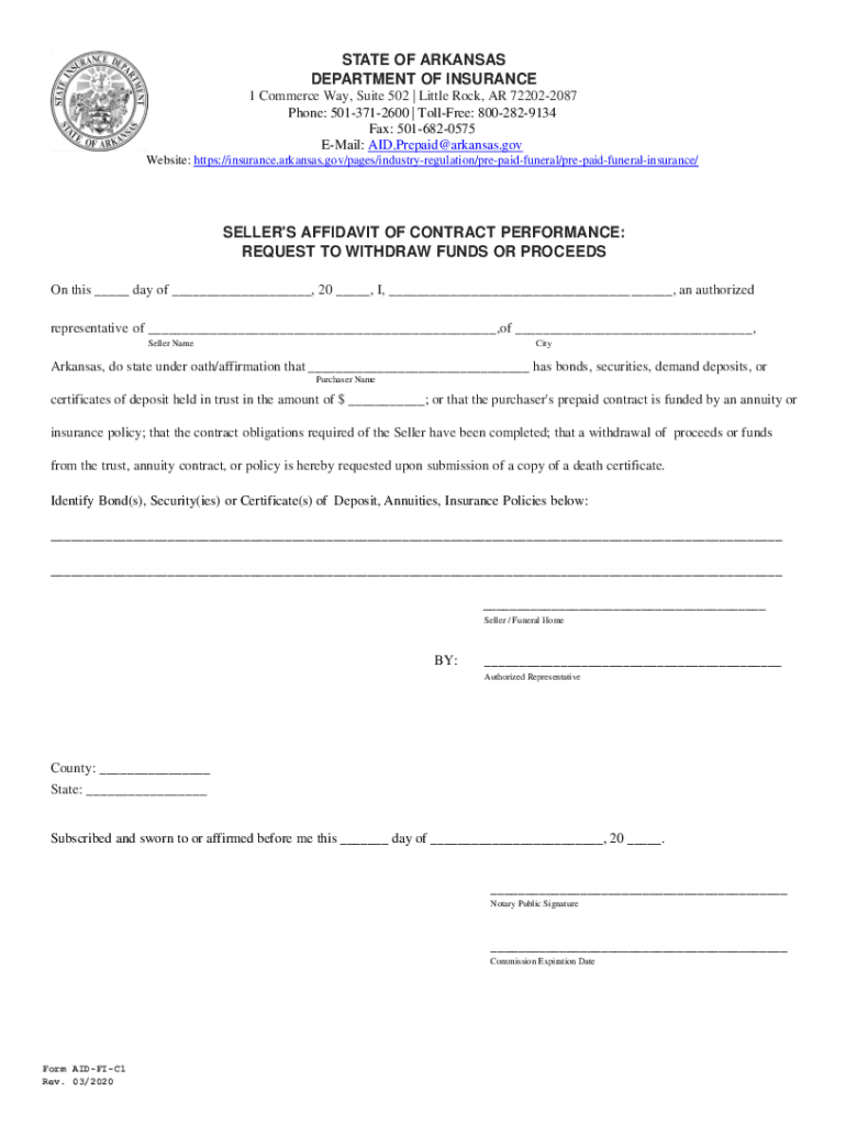 Fillable Online insurance arkansas SELLER'S AFFIDAVIT FOR CANCELLATION AND CASH SURRENDER OR RE ...