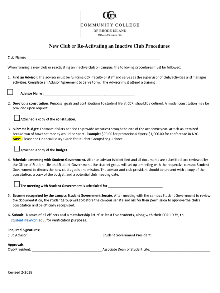 Fillable Online www.ccri.eduoslformsNew Club or Re-Activating an ...