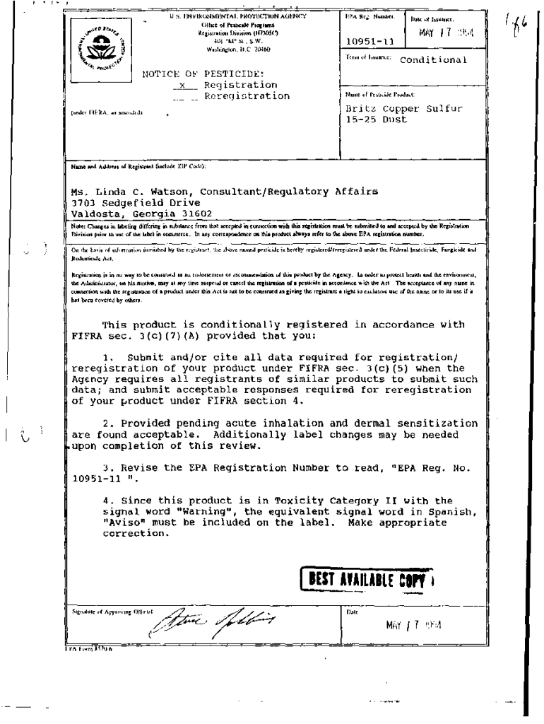 Fillable Online U.S. EPA, Pesticide Product Label, BRITZ COPPER SULFUR ...