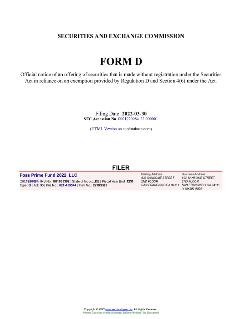 Fillable Online Foss Prime Fund 2022, LLC Form D Filed 2022-03-30 ...