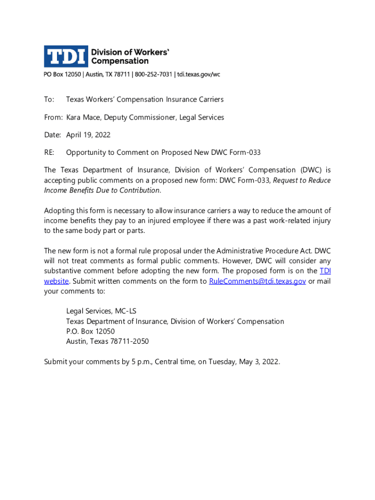 Fillable Online www.tdi.texas.govwcformsNew DWC Form-033, Request to ...