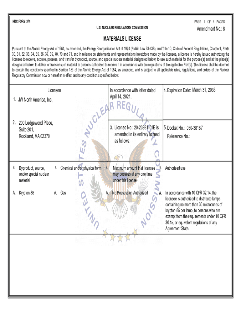 Fillable Online NRC FORM 374 PAGE OF PAGE: US. NUCLEAR REGULATORY ...