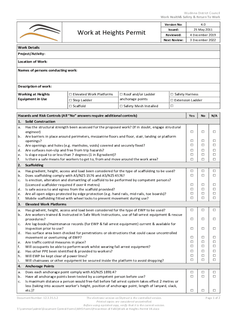 Fillable Online www.wudinna.sa.gov.audataassetsWork at Heights Permit ...