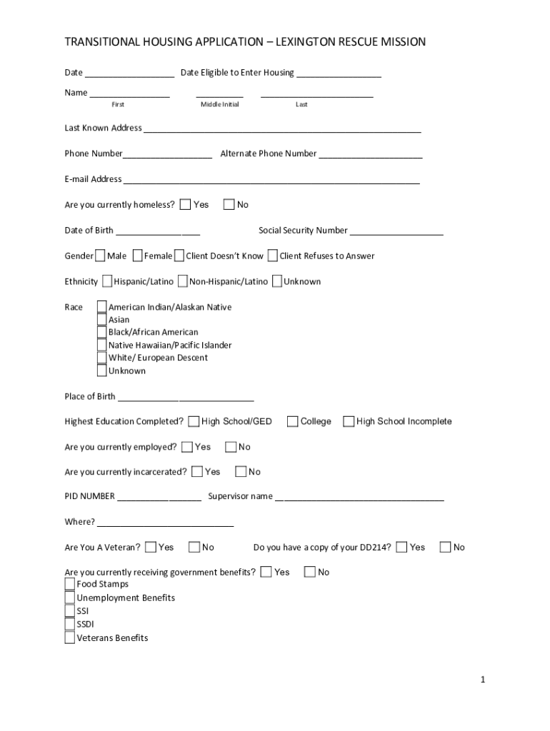 Fillable Online TRANSITIONAL HOUSING APPLICATION LEXINGTON RESCUE ...