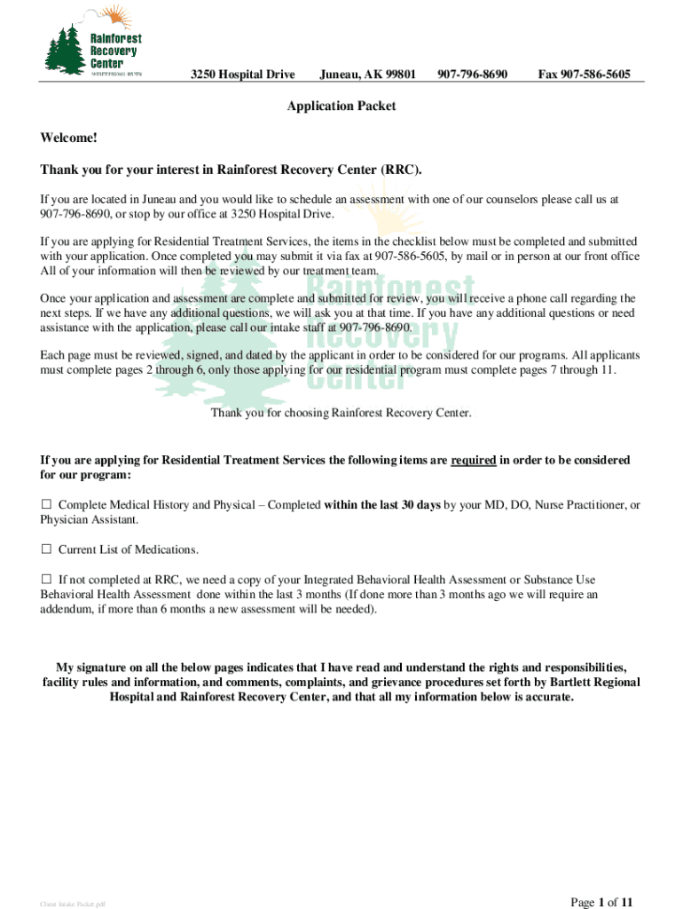 Fillable Online Rainforest Recovery Center Residential Application Packet Fax Email Print ...