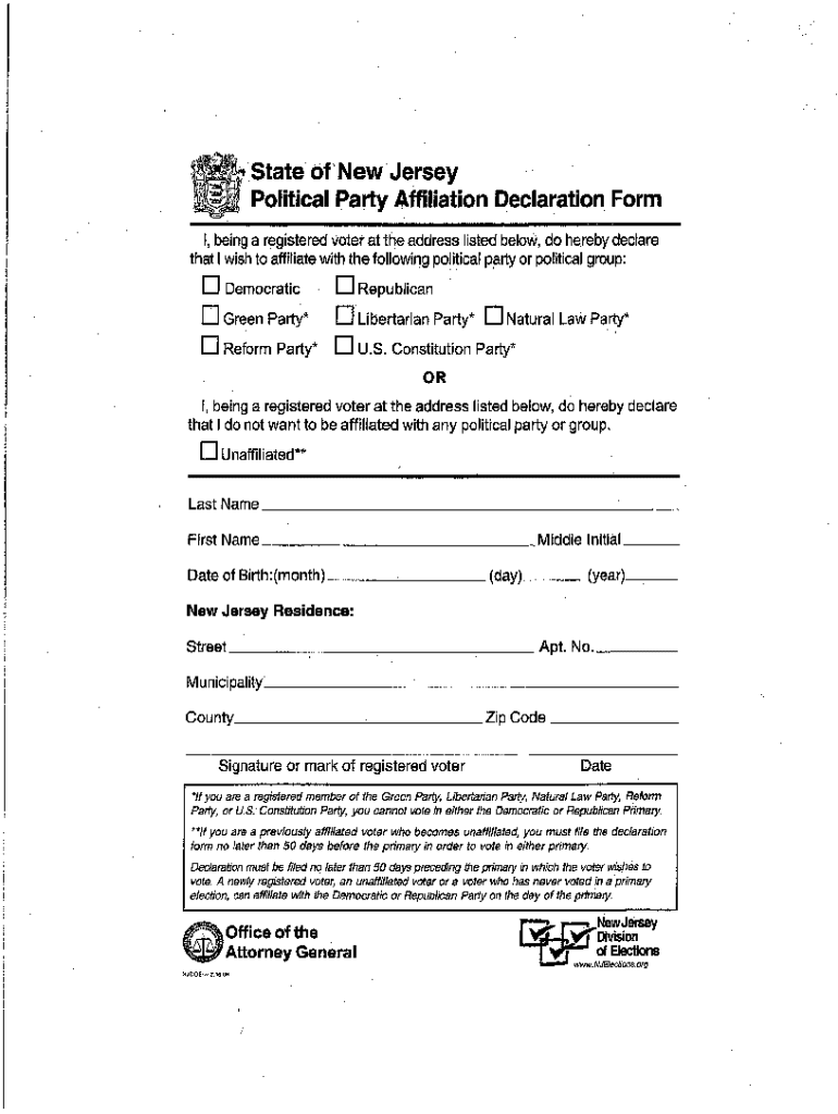 Fillable Online .State of New Jersey Political Party Affiliation ...