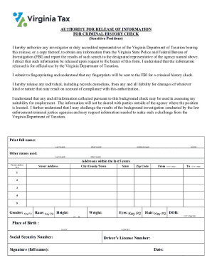 Fillable Online tax virginia Fingerprint Authorization Form - Sensitive ...