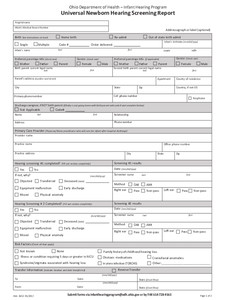 Fillable Online odh ohio Universal Newborn Hearing Screening Report ...