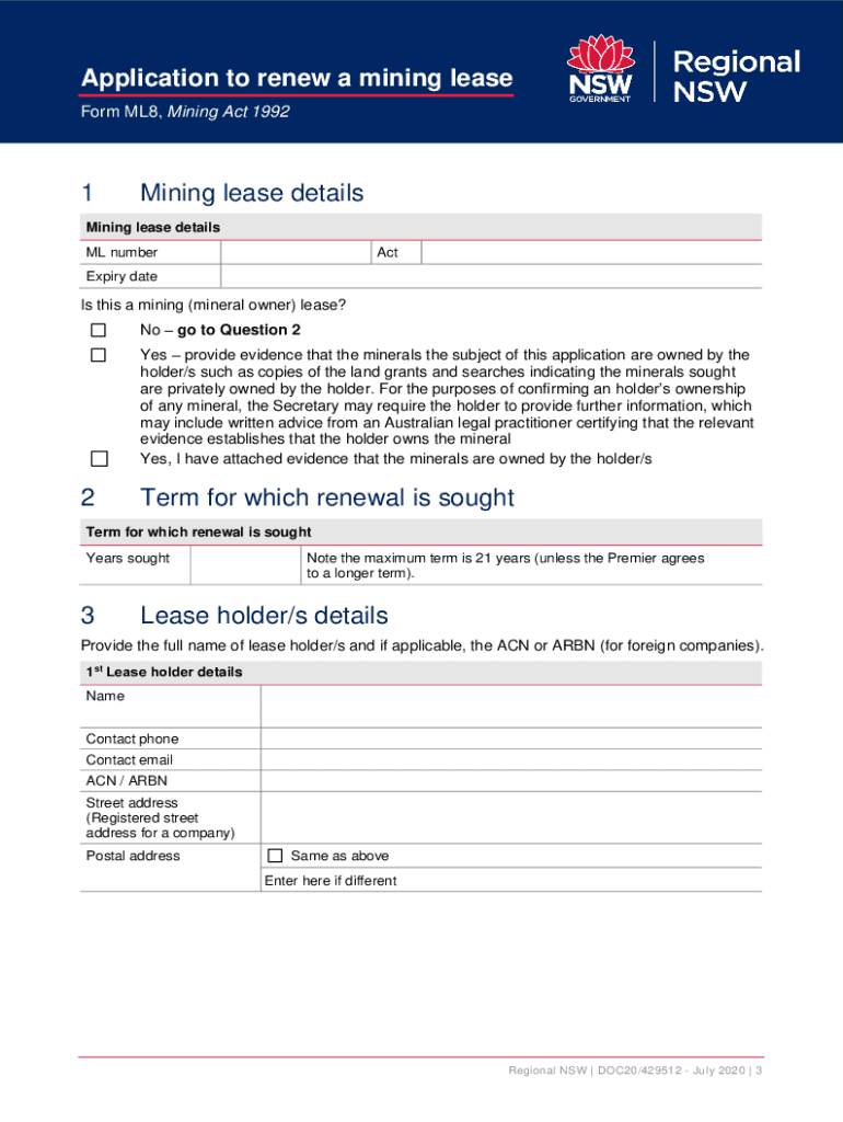 Fillable Online ML8 Application to renew a mining lease. Application ...
