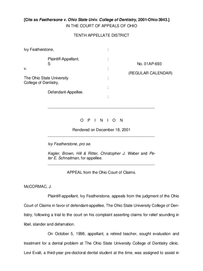 Fillable Online law.justia.comcasesohioFeathersone v. Ohio State Univ. College of Dentistry Fax ...