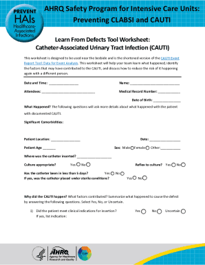 Fillable Online Learn From Defects Tool Worksheet: Catheter-Associated ...