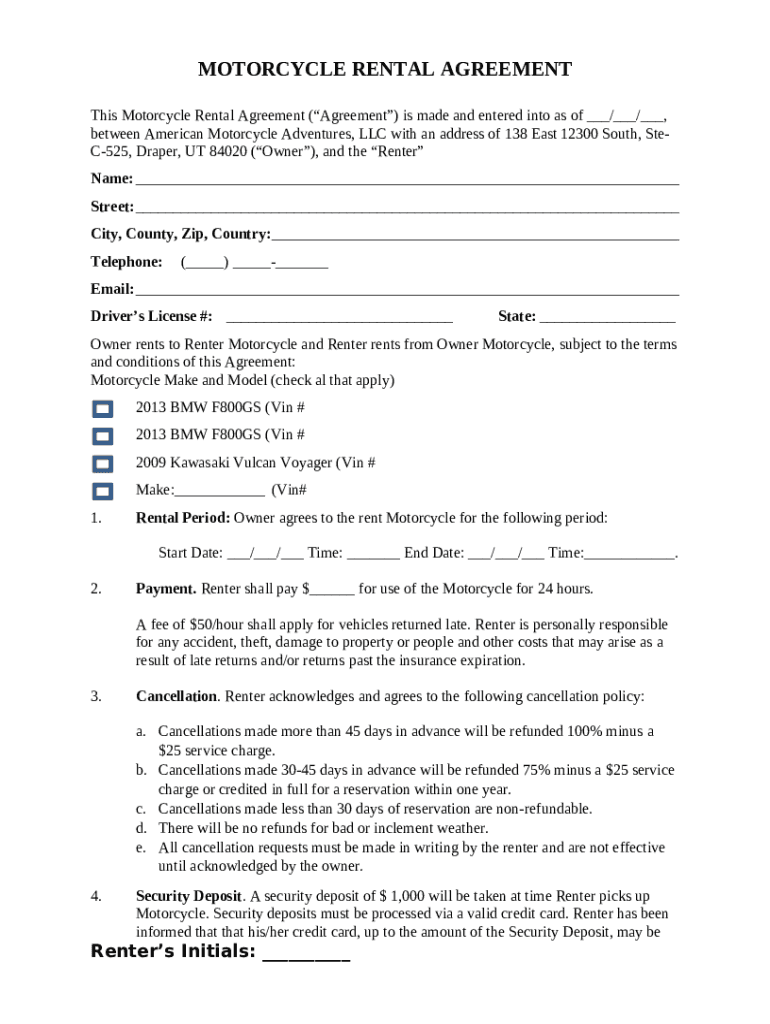 Fillable Online www.lawinsider.commotorcycle-rental-agreementMotorcycle ...