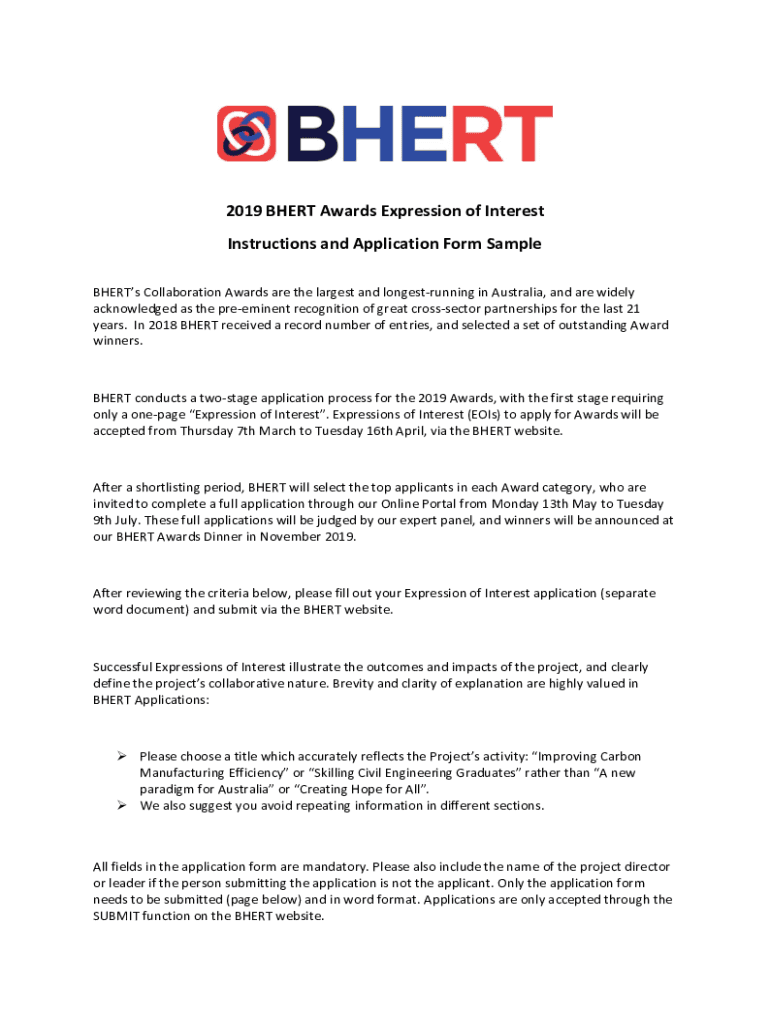 Fillable Online itali uq edu 2019 BHERT Awards Expression of Interest ...