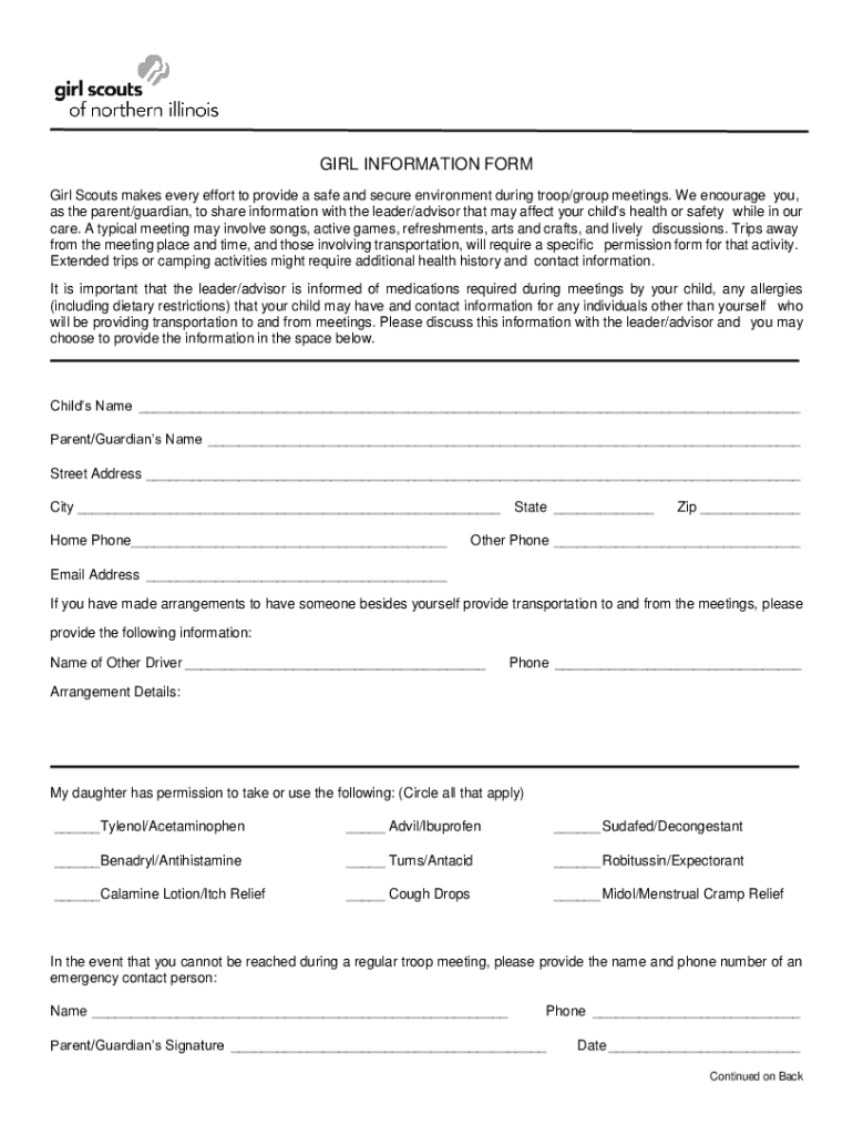 Fillable Online www.girlscoutsni.orgGirlInformationFormGIRL INFORMATION FORM - Girl Scouts Fax ...