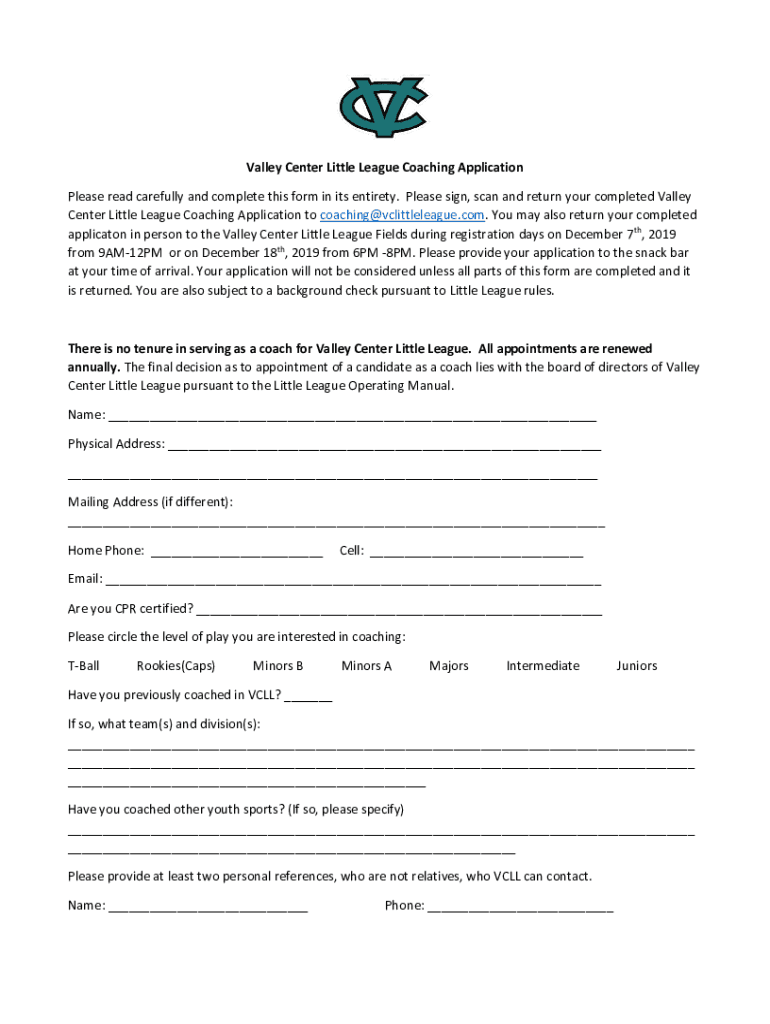 Fillable Online Valley Center Little League Coaching Application ...