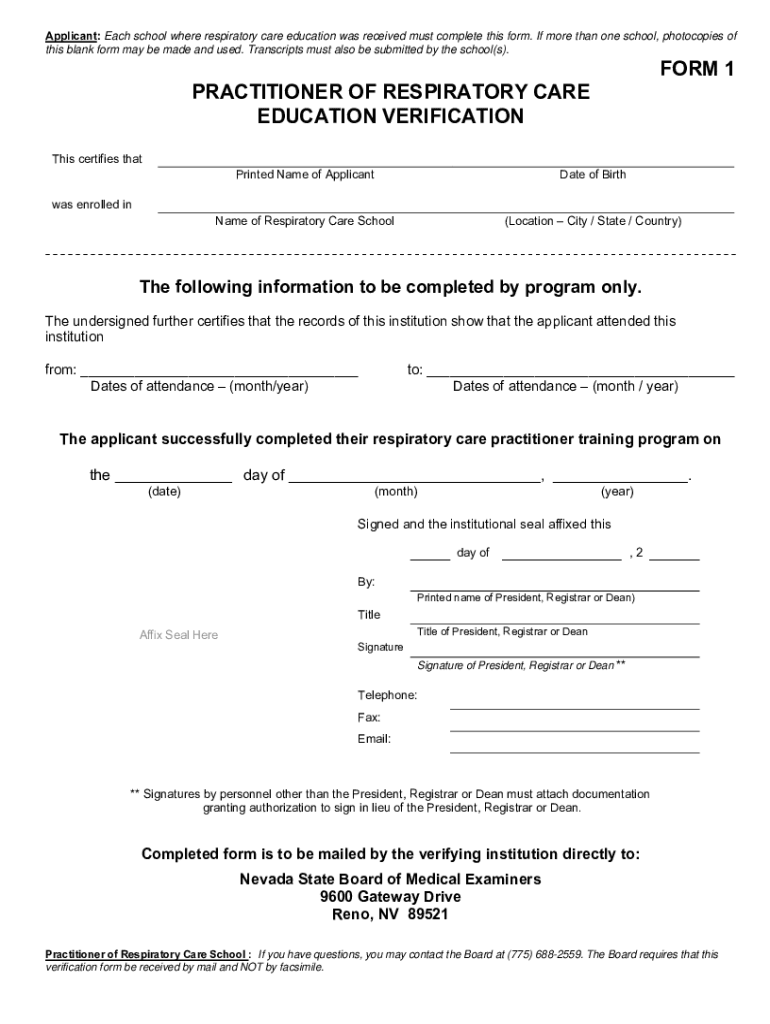 Fillable Online medboard nv FORM 1 PRACTITIONER OF RESPIRATORY CARE ...