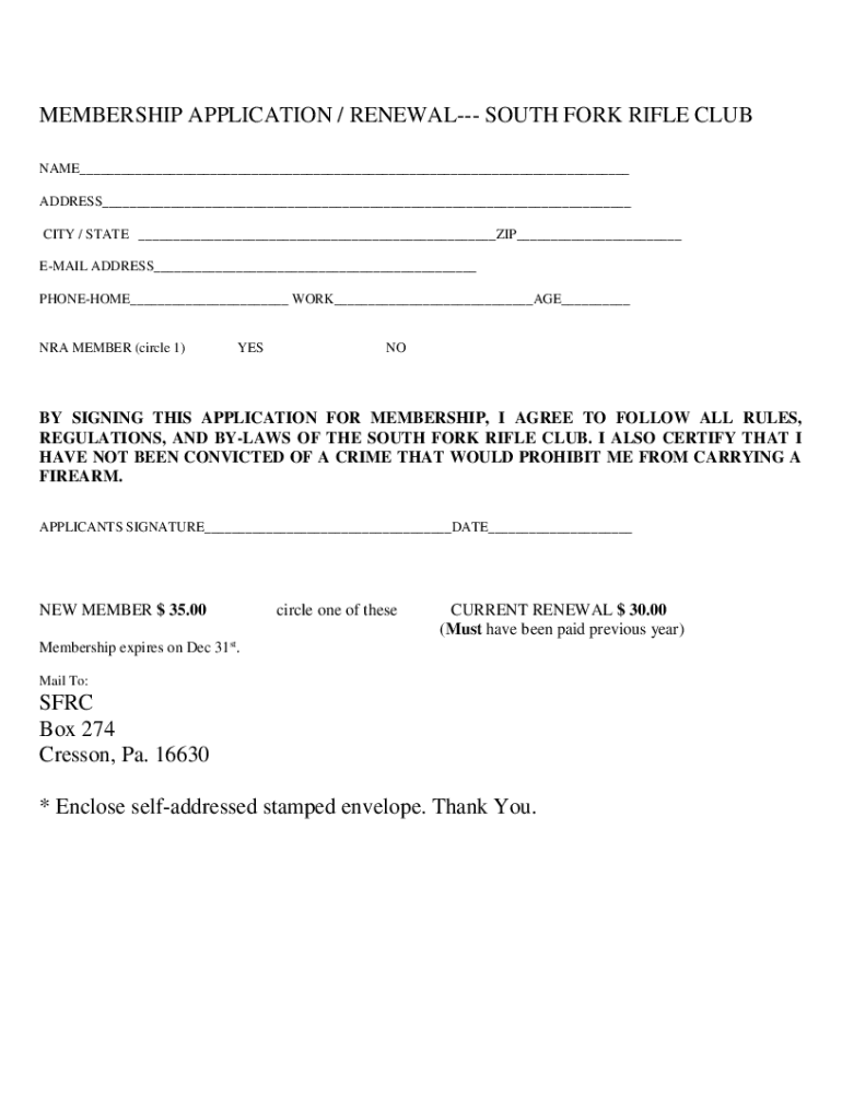 Fillable Online MEMBERSHIP APPLICATION / RENEWAL--- SOUTH FORK RIFLE ...