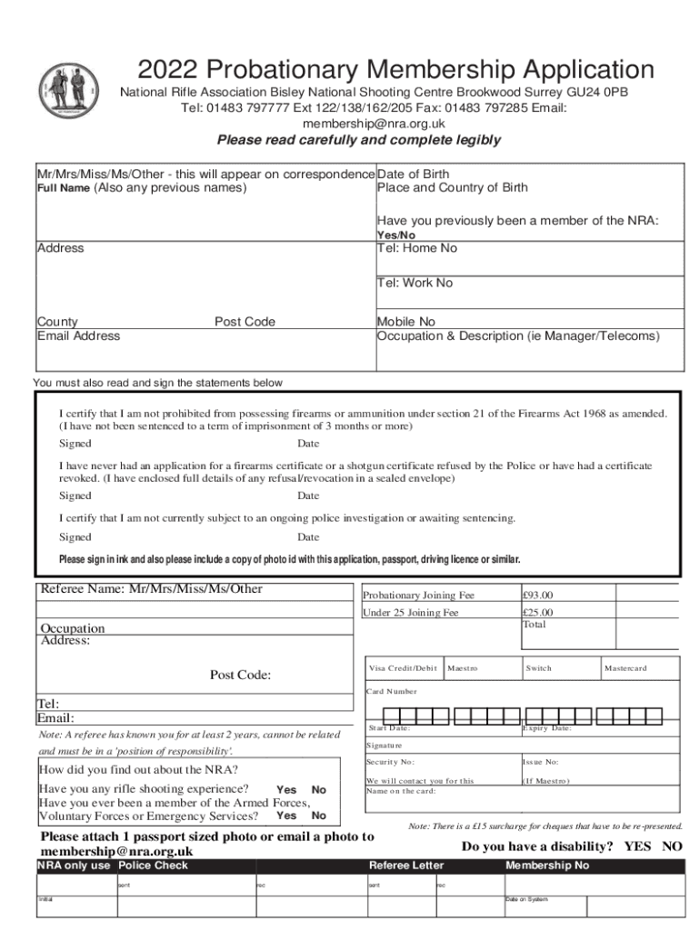 Fillable Online nra.org.ukwp-contentuploads2022 Probationary Membership ...