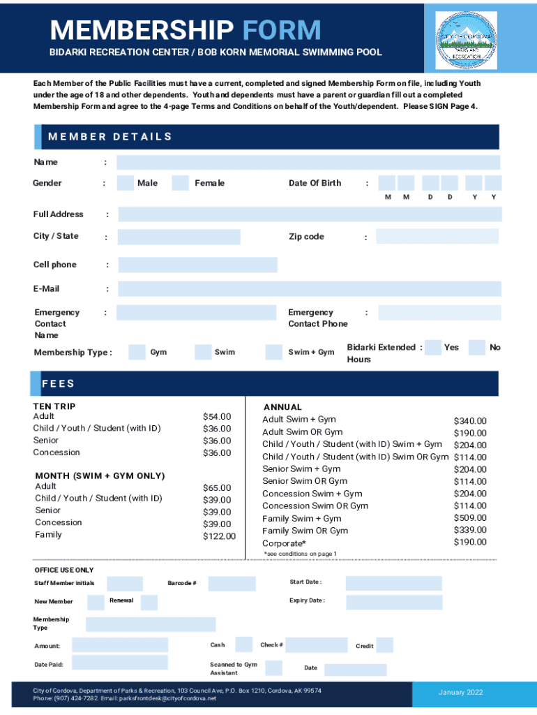Fillable Online Bidarki Recreation Center - City of Cordova, Alaska Fax ...
