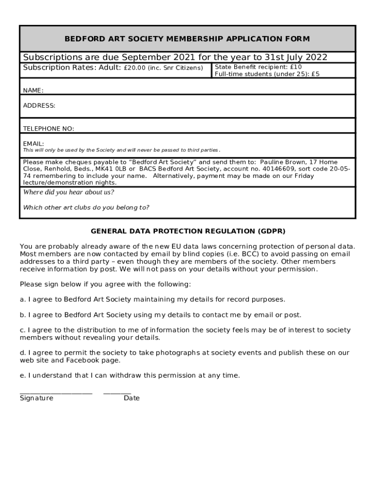 BEDFORD ART SOCIETY MEMBERSHIP APPLICATION Doc Template | pdfFiller