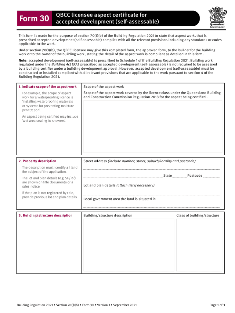 Fillable Online Form 30 QBCC licensee aspect certificate for. Form 30 ...