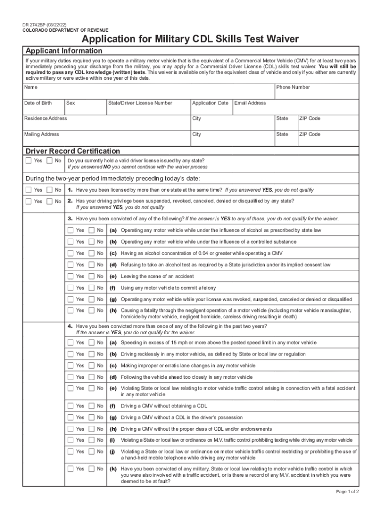 Fillable Online Application for Military CDL Skills Test Waiver DR 2742 ...
