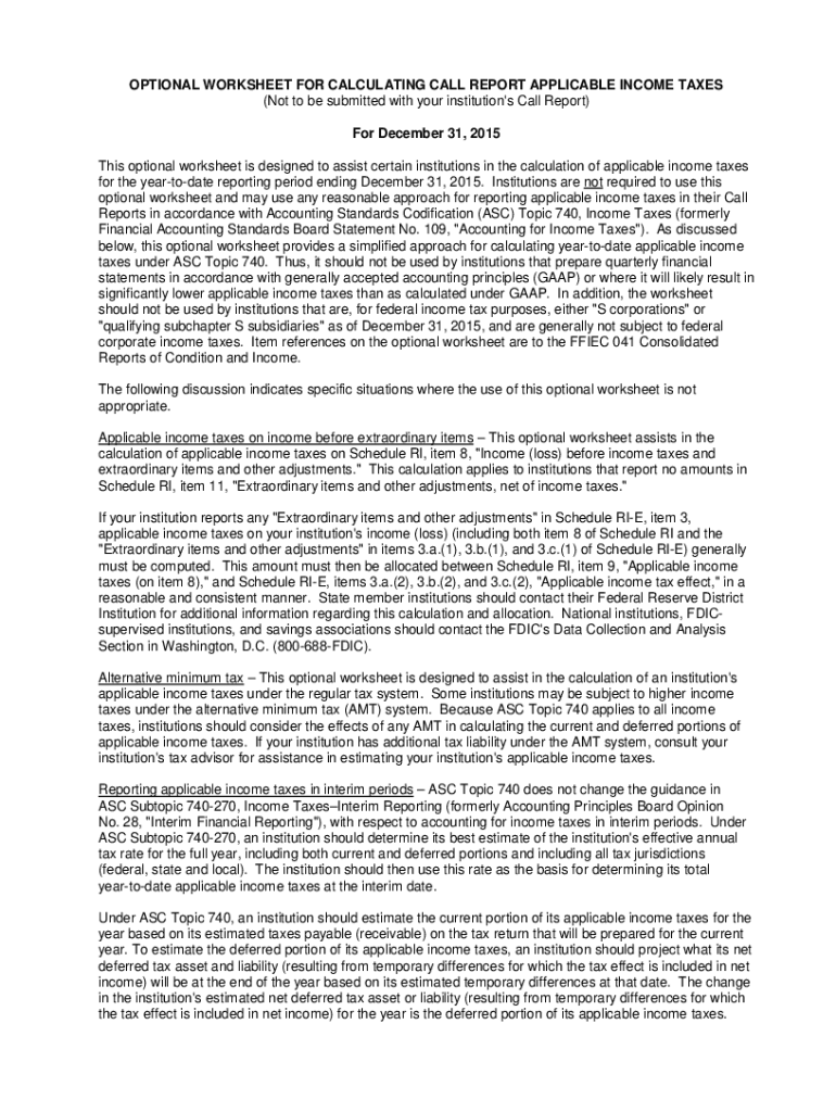 Fillable Online www.fdic.gov resources bankersOPTIONAL WORKSHEET FOR ...