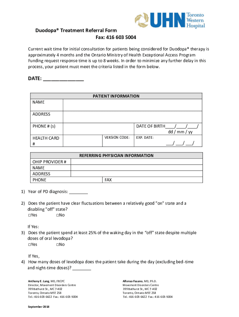 Fillable Online www.uhn.caKrembilTreatmentsProceduresDuodopa Treatment ...