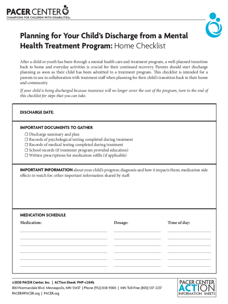 Fillable Online Planning for Your Child's Discharge from a Mental ...