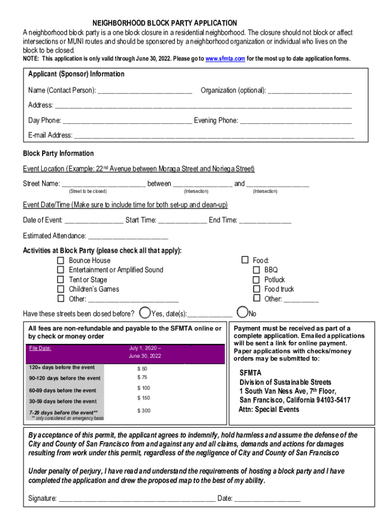 Fillable Online www.sfmta.comsitesdefaultNEIGHBORHOOD BLOCK PARTY ...
