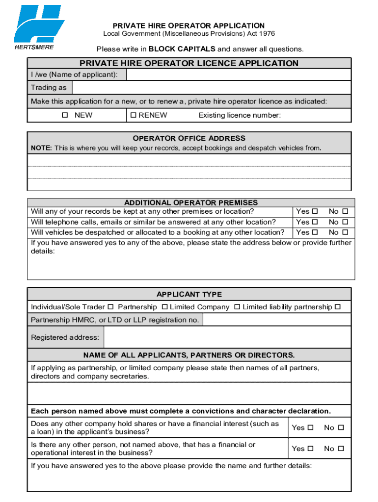 Fillable Online Private hire operator licence application form 2022 ...