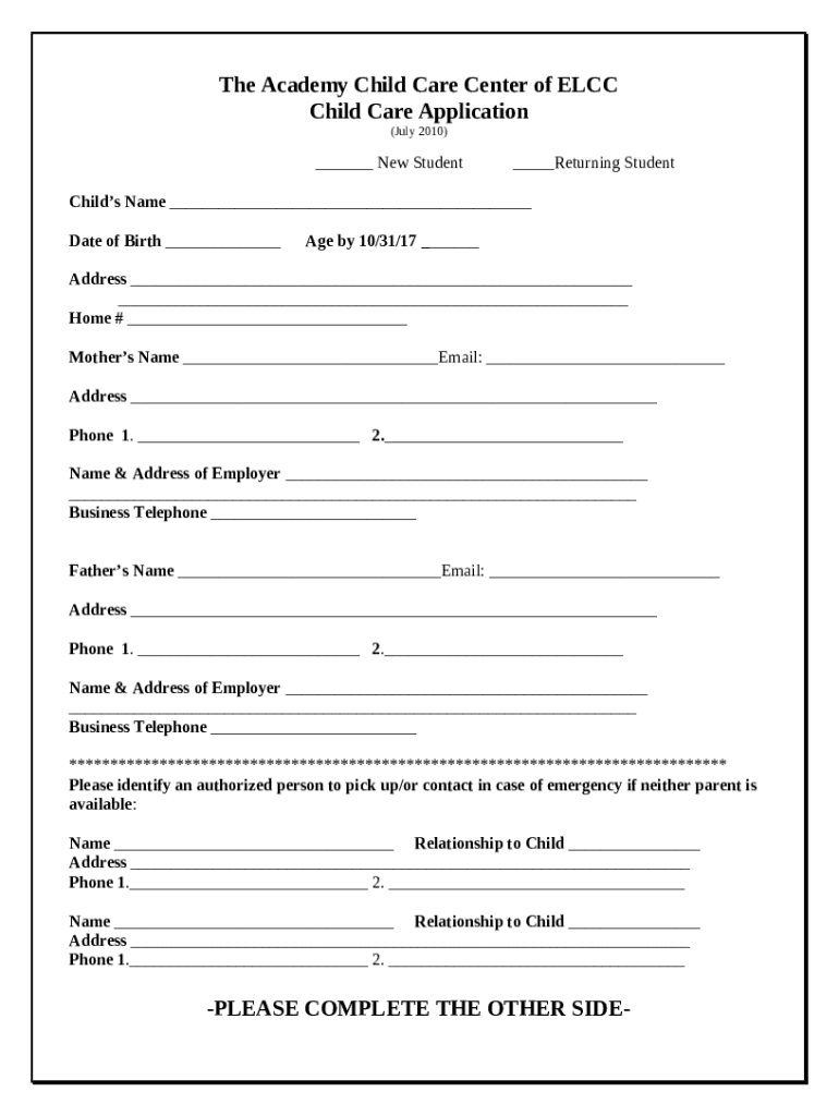 FREE 11+ Child Care Application s in PDFMS WordChild Care ...