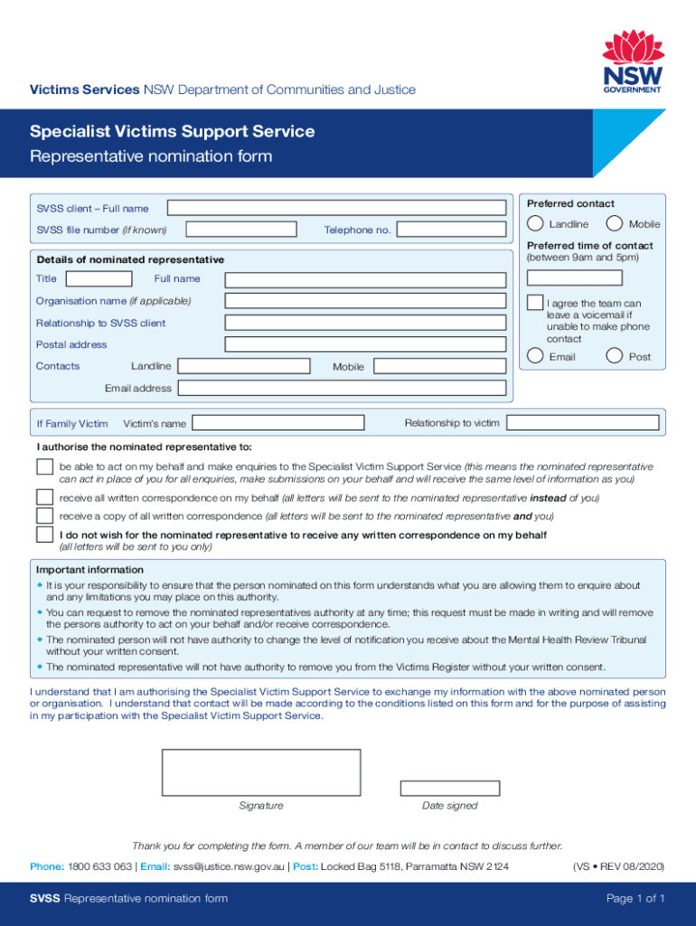 Fillable Online SVSS - Representative nomination form. Specialist Victims Support Service ...