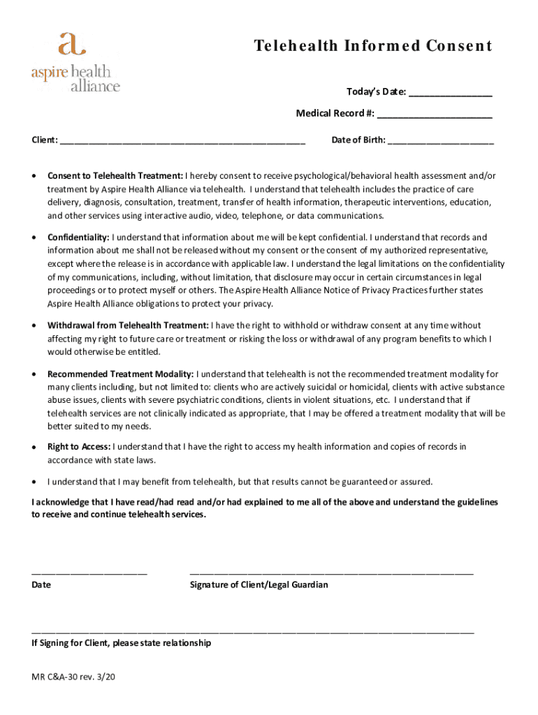Fillable Online INFORMED CONSENT FOR TELEHEALTH SERVICES Fax Email ...