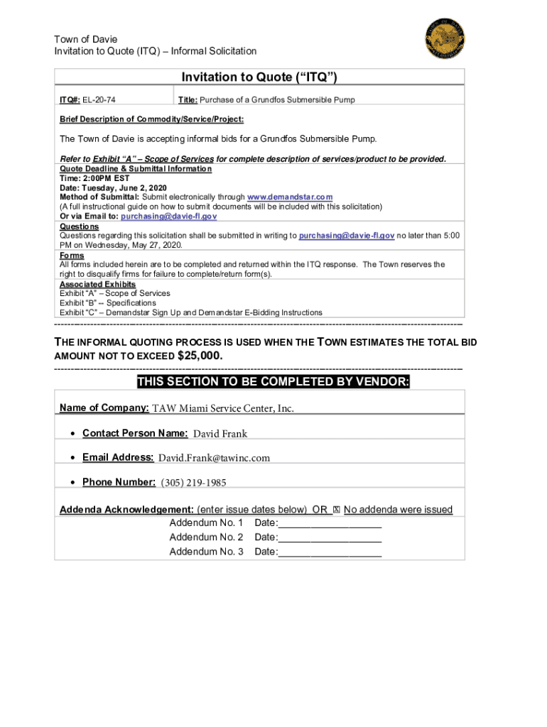 Fillable Online Town of Davie Invitation to Quote (ITQ) Informal ...