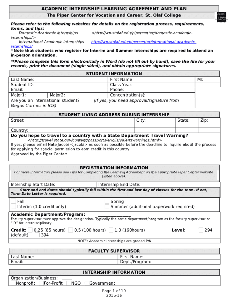 ACADEMIC INTERNSHIP LEARNING AGREEMENT AND PLAN Doc Template | pdfFiller