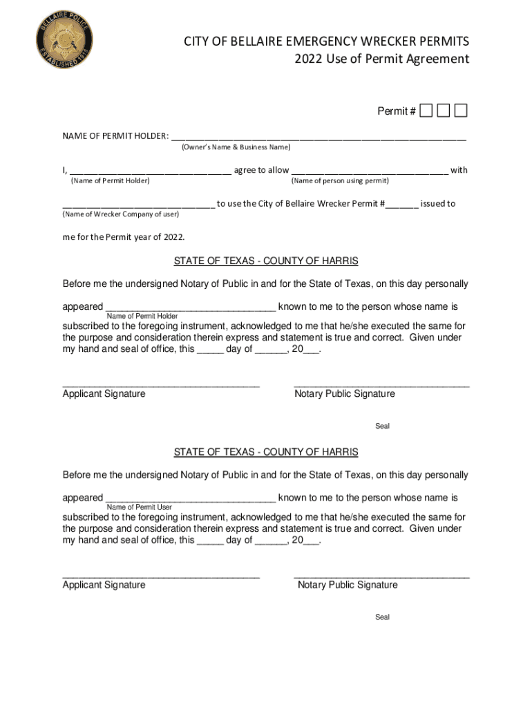 Fillable Online CITY OF BELLAIRE EMERGENCY WRECKER PERMITS 2022 Use ...