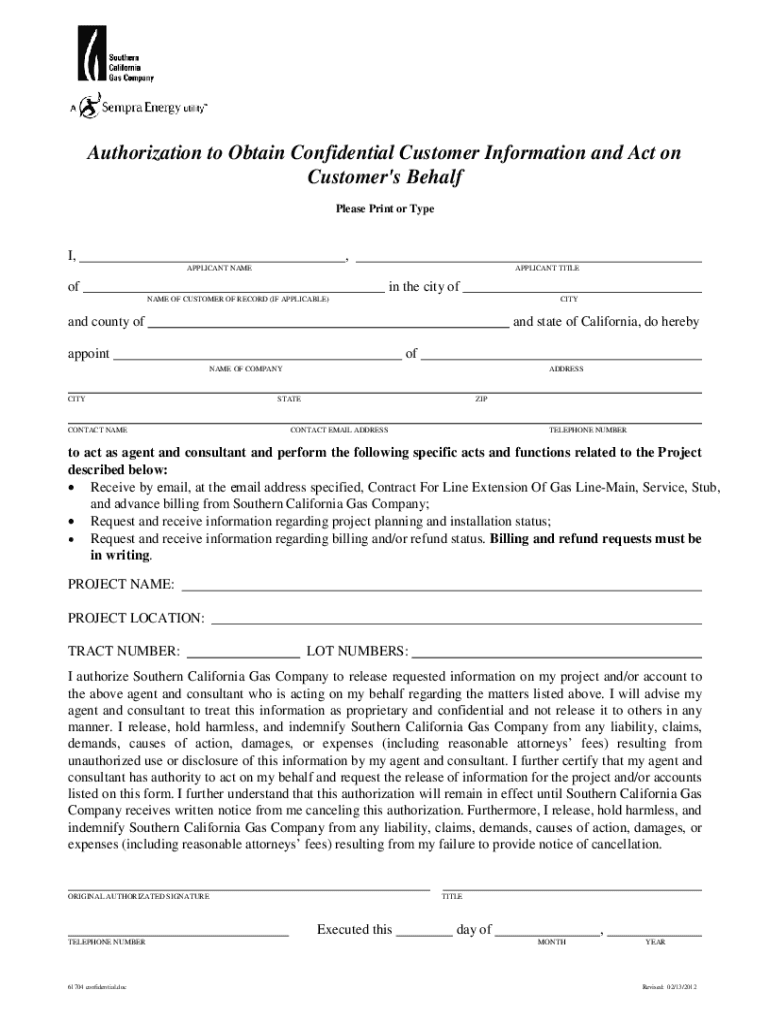 Fillable Online Authorization to Obtain Confidential Customer ...
