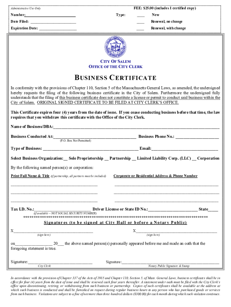 Fillable Online Business Certificate City of Salem MA Fax Email Print ...