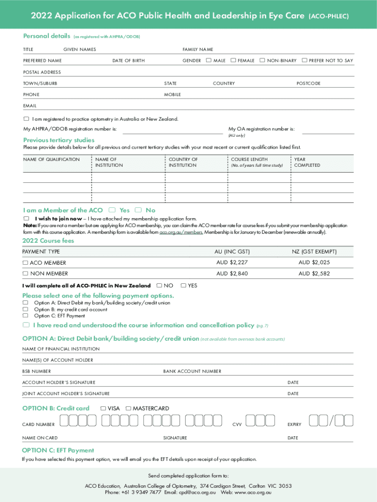Fillable Online AUSTRALIAN COLLEGE OF OPTOMETRY CERTIFICATE IN PUBLIC ...