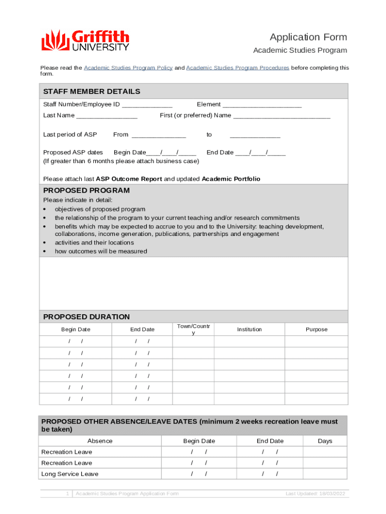 DOC Academic Studies Program Application - Griffith University Doc Template | pdfFiller