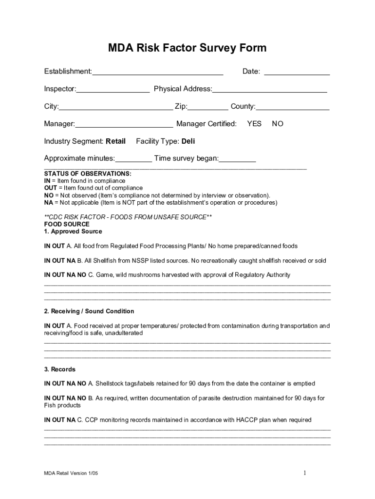 Fillable Online MDA Risk Factor Suvey Form (Retail). MDA risk factor survey form Fax Email Print ...
