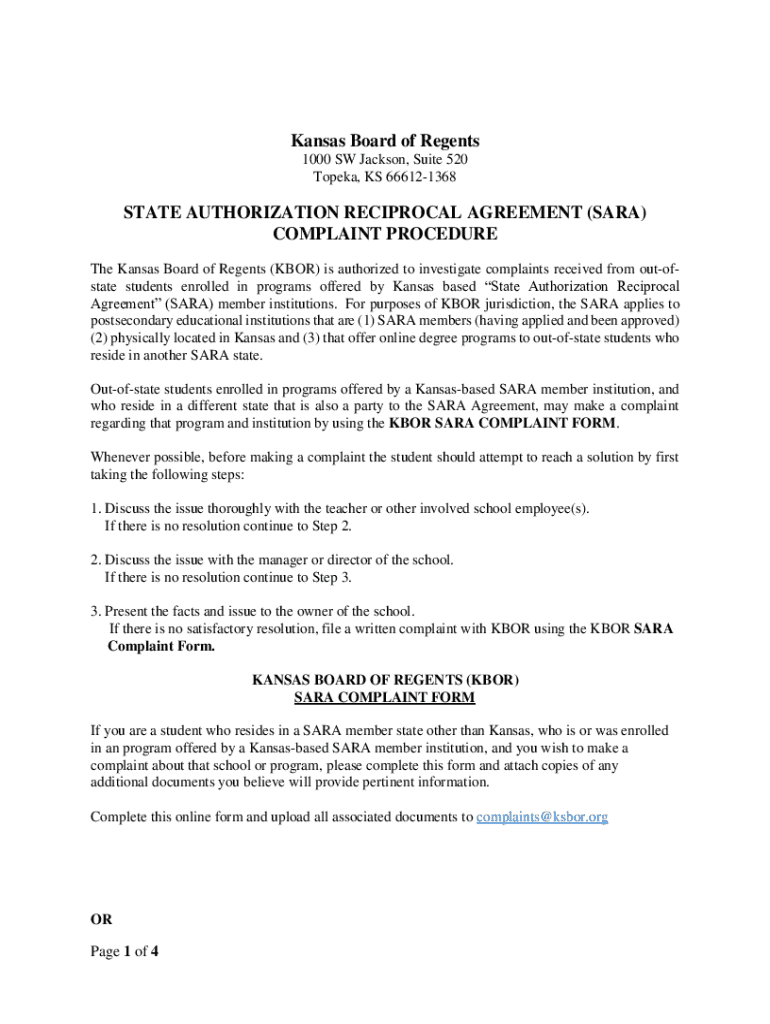 Fillable Online State Authorization Reciprocal Agreement (SARA) Complaints Fax Email Print ...