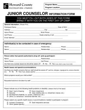 Fillable Online JUNIOR COUNSELOR INFORMATION FORM Fax Email Print ...