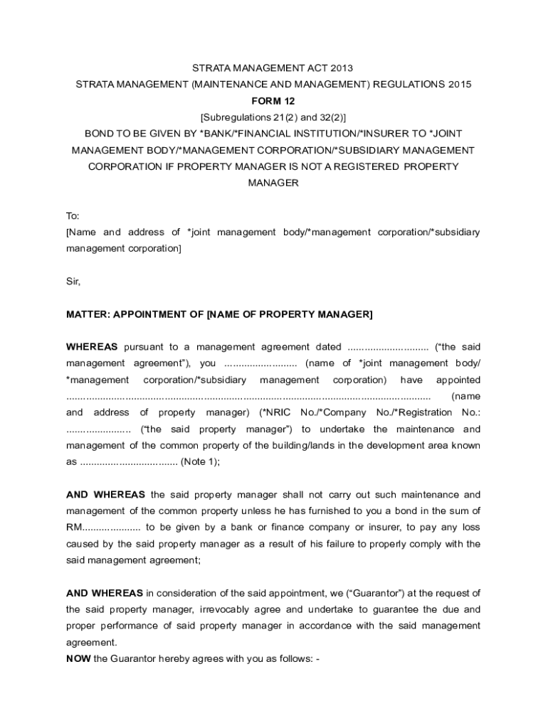 Fillable Online Strata Management (Maintenance and Management ...