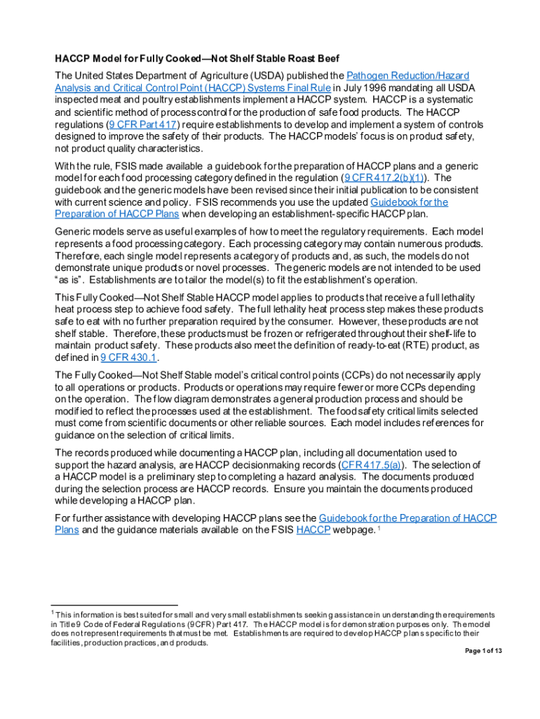 Fillable Online HACCP Model for Fully CookedNot Shelf Stable Roast Beef ...