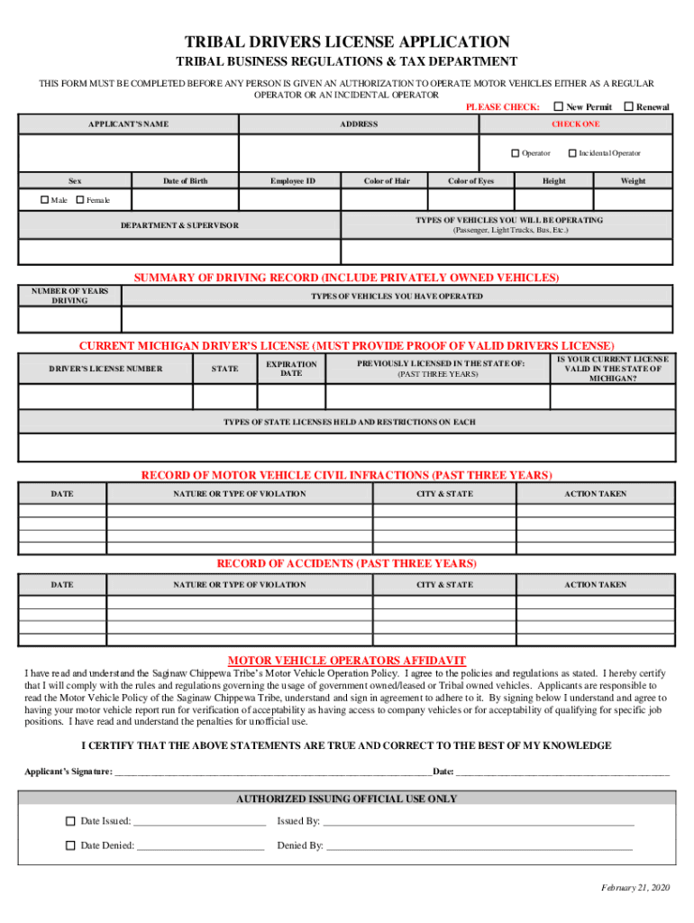 Fillable Online TRIBAL DRIVERS LICENSE APPLICATION - Isabella Indian ...